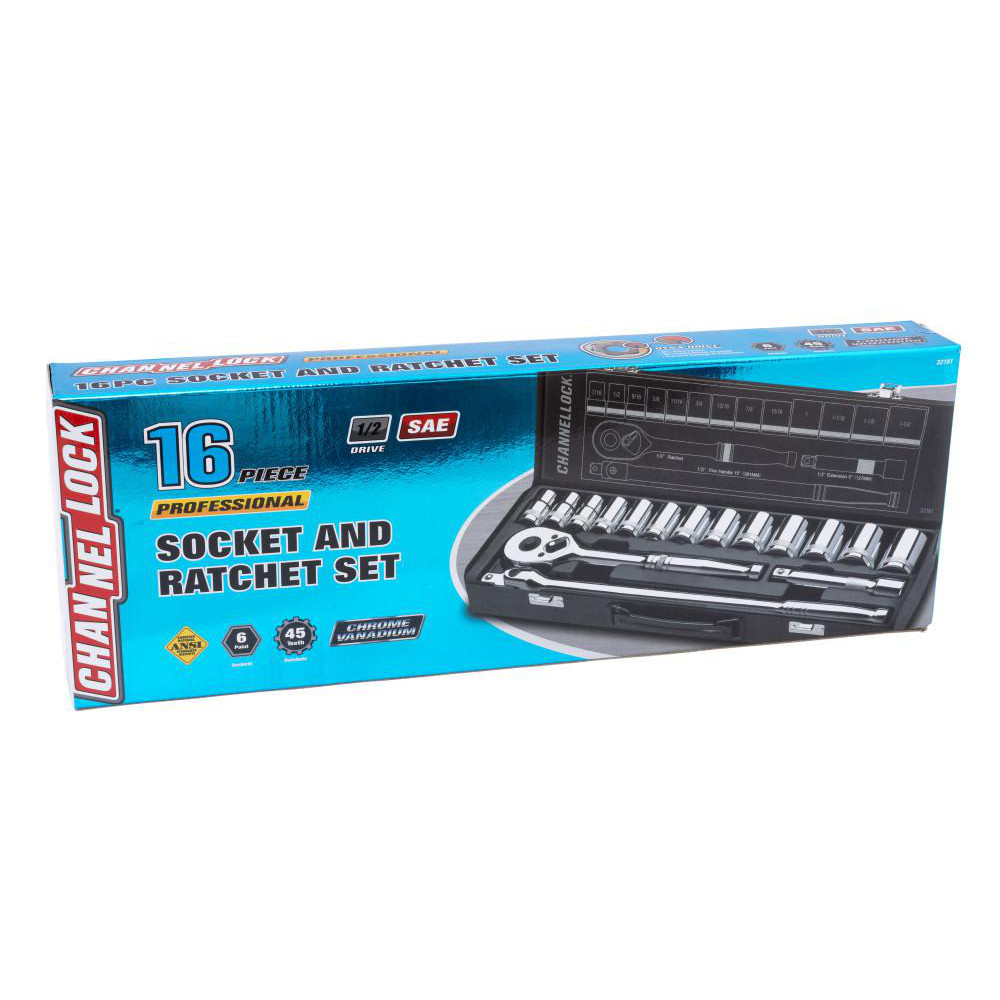 Channellock - Socket Set: Ratchet & Socket, 16 Pc, 1/2" Drive, 7/16 to ...