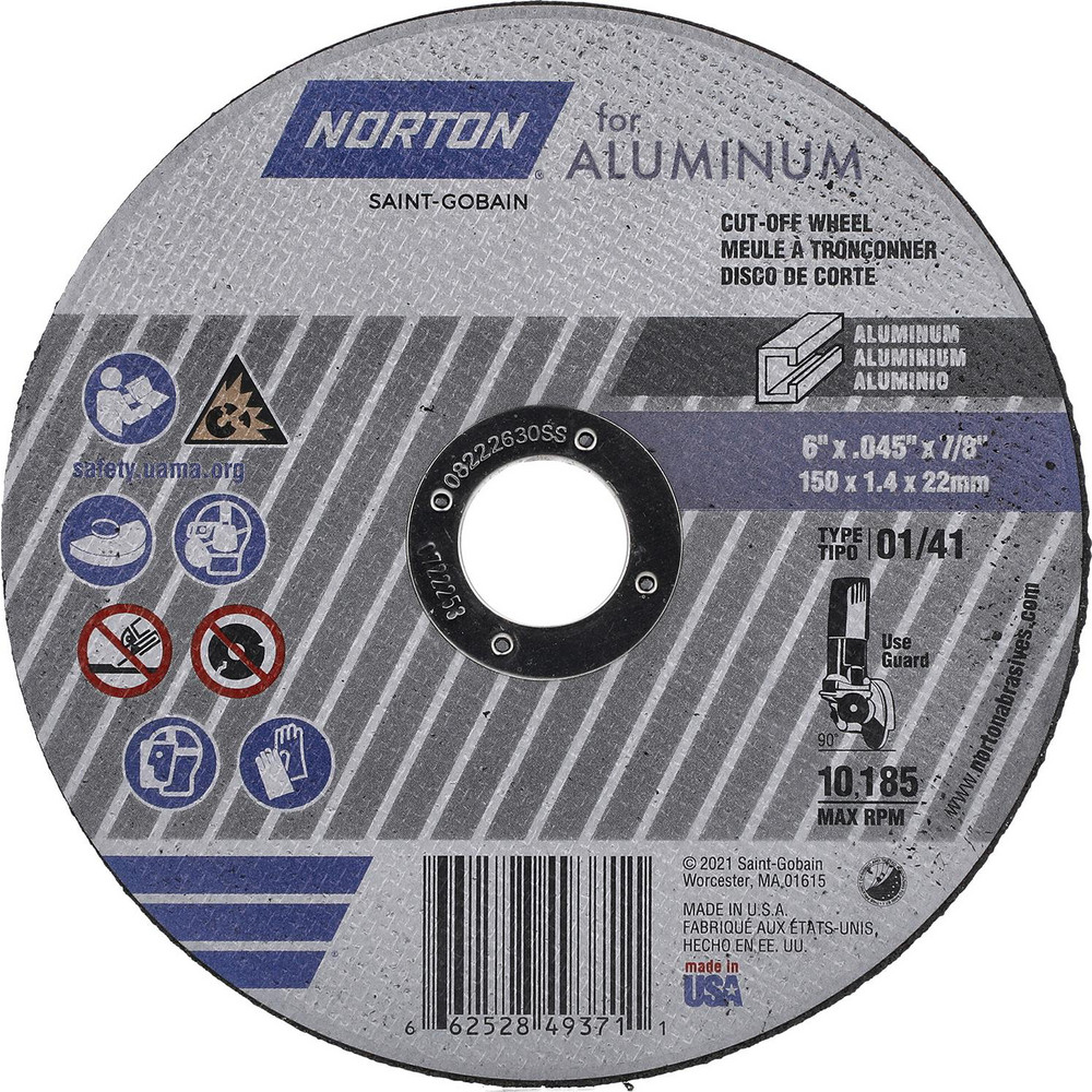 Norton - Cutoff Wheel: Type 1 (01/41), 6" Dia, 0.0450" Thick, 7/8" Hole ...