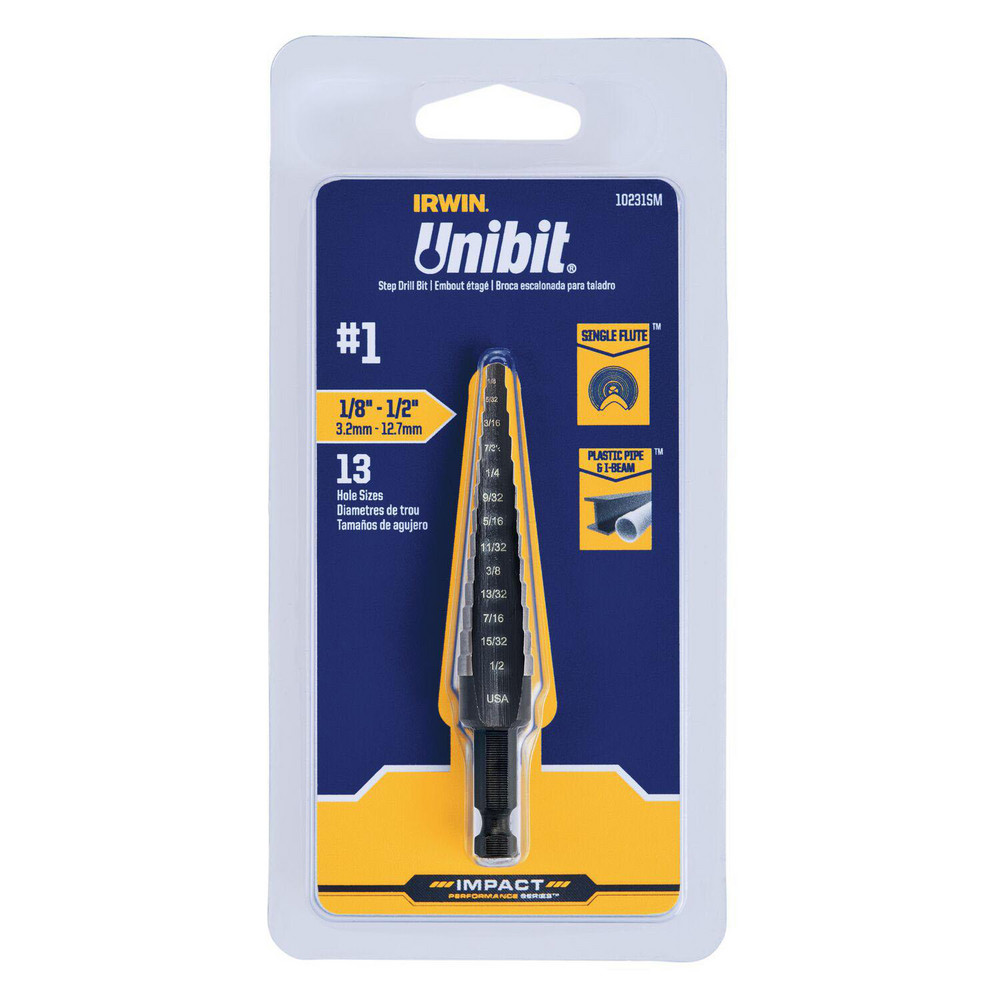 Irwin - Step Drill Bit: 1/8" Min, 1/2" Max, 3/8" Shank Dia, Steel, 13 ...
