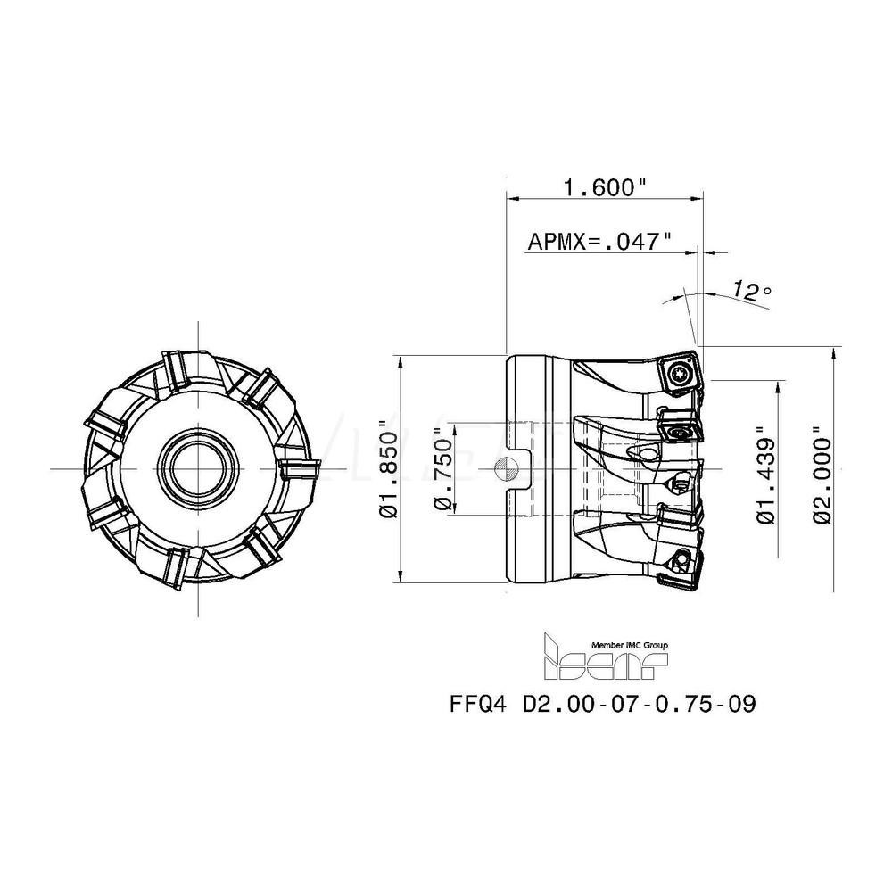 Iscar - Indexable High-Feed Face Mill: 1.439 to 2" Cut Dia, 0.75" Arbor ...