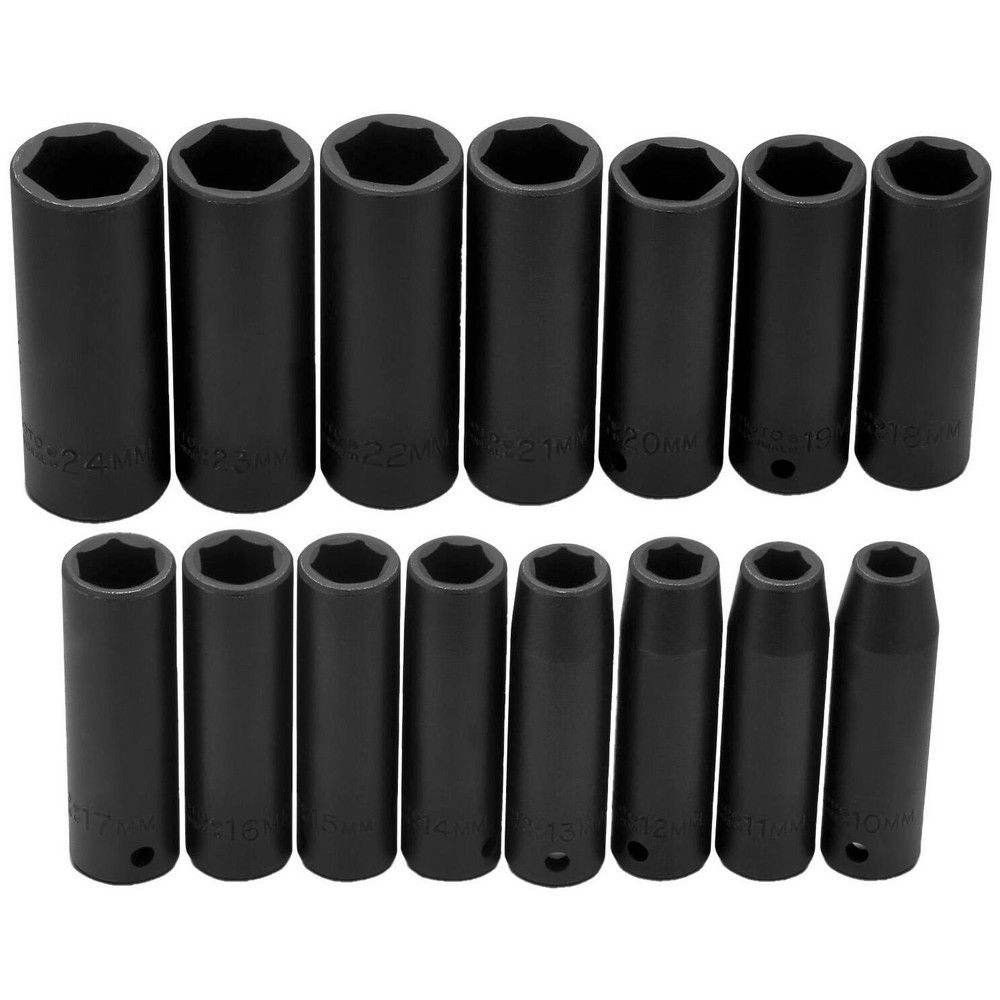 Proto - Socket Set: Deep & Impact, 15 Pc, 1/2" Drive, 10.00 mm Min, 24. ...