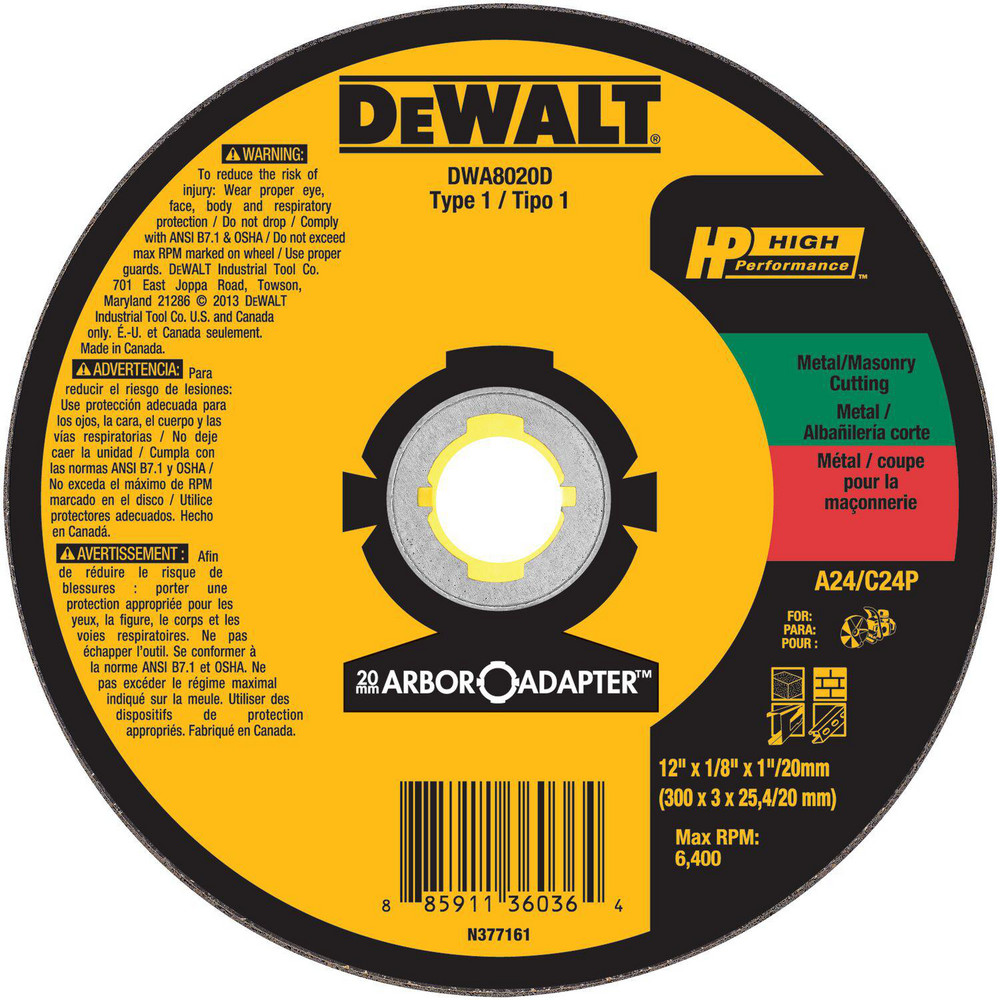 DeWALT - Cutoff Wheel: Type 1, 12" Dia, 1/8" Thick, 1" Hole, Aluminum ...