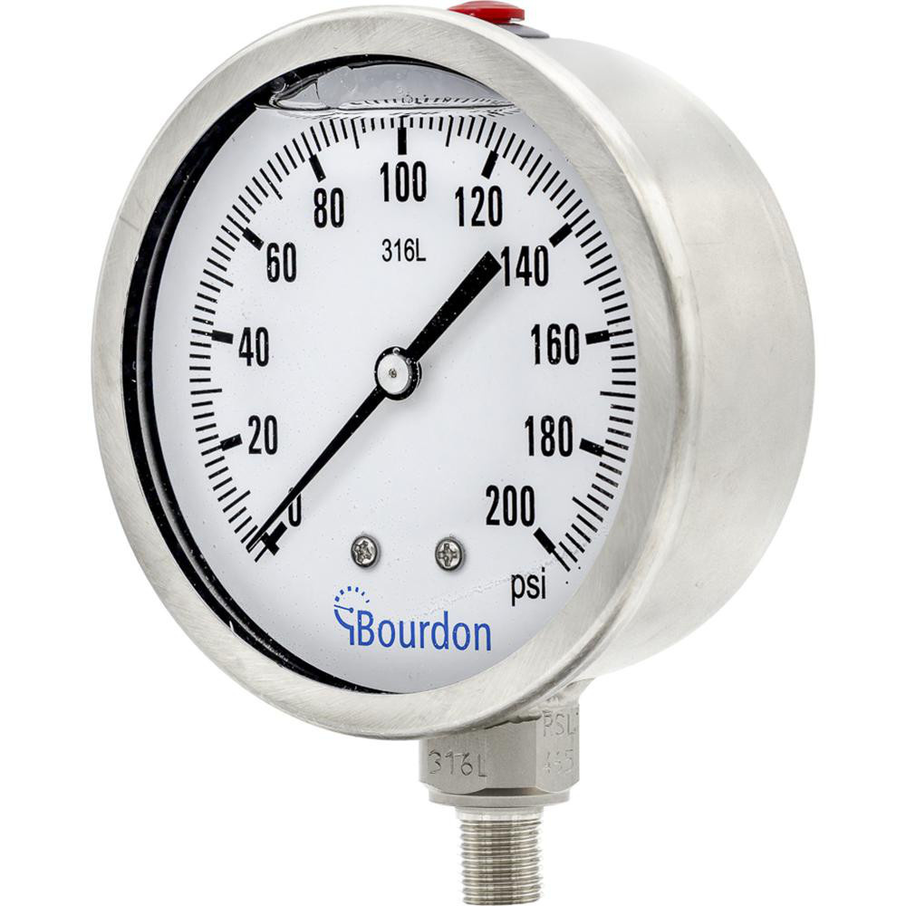 Bourdon - Pressure Gauge: 4" Dial Dia, 0 to 200 psi, 1/4" NPT, Lower Mount | MSC Direct