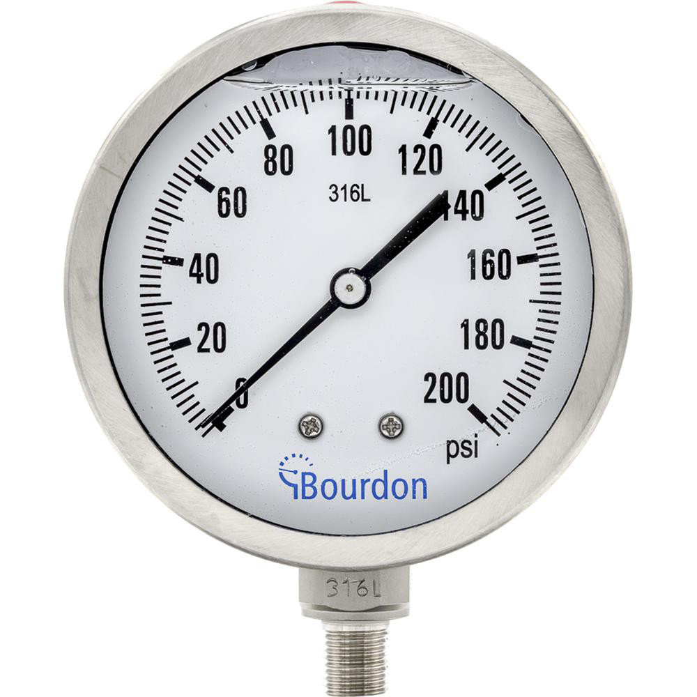 Bourdon - Pressure Gauge: 4" Dial Dia, 0 to 200 psi, 1/4" NPT, Lower Mount | MSC Direct
