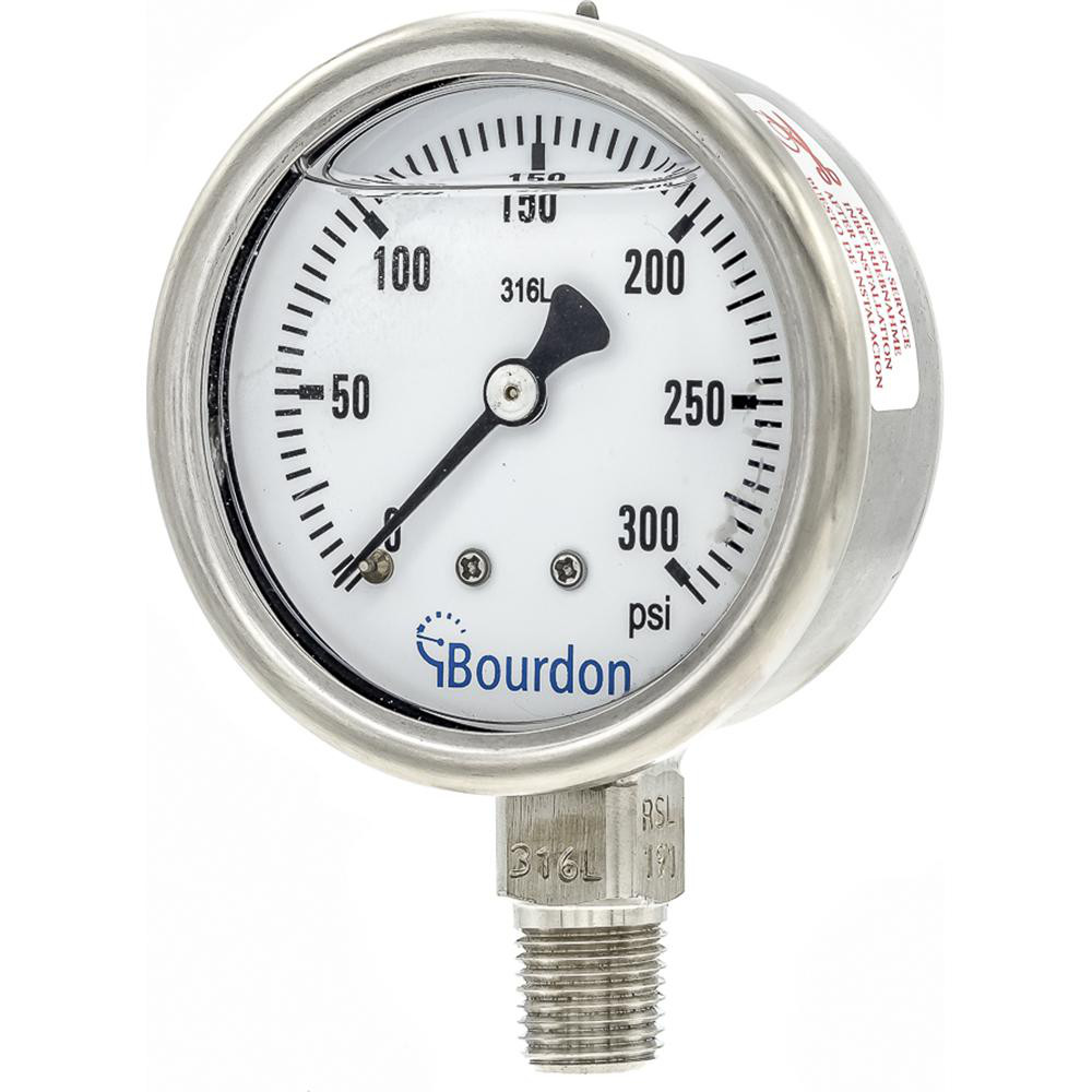 Bourdon - Pressure Gauge: 2-1/2" Dial Dia, 0 to 300 psi, 1/4" NPT, Lower Mount | MSC Direct