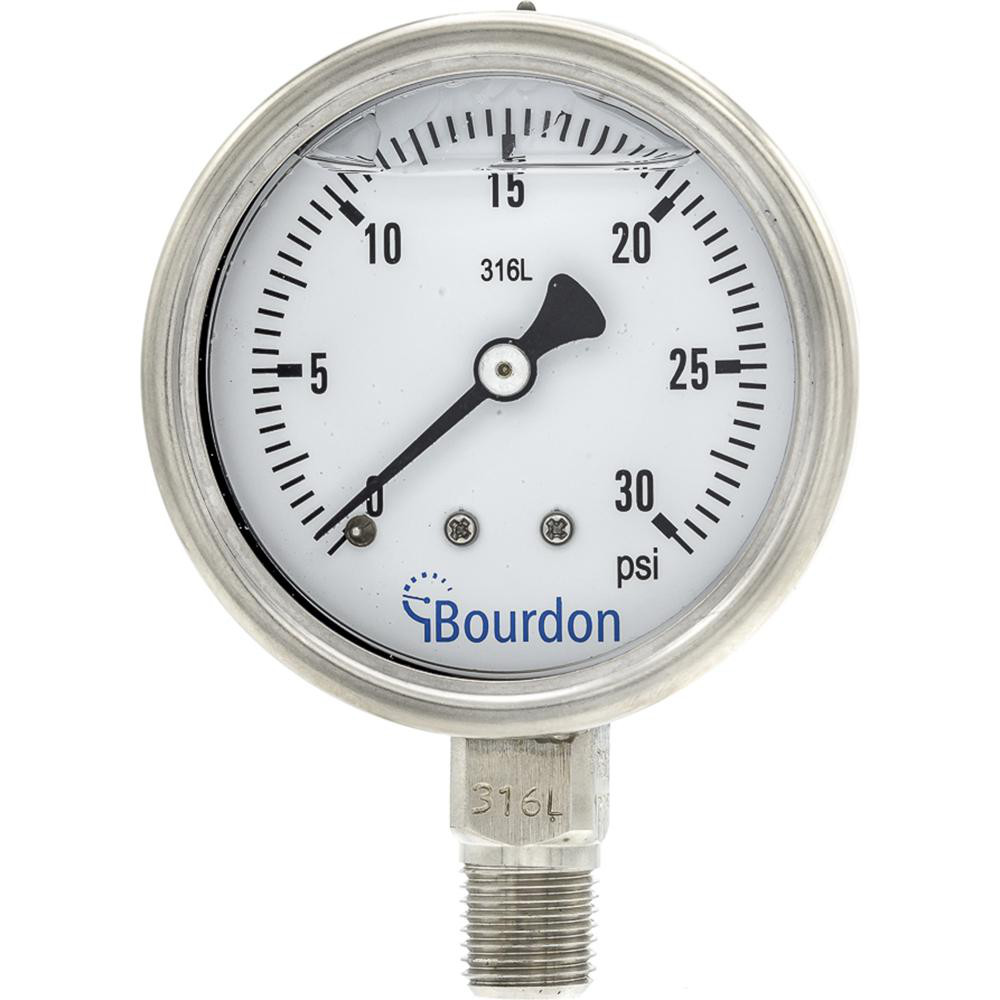 Bourdon - Pressure Gauge: 2-1/2" Dial Dia, 0 to 30 psi, 1/4" NPT, Lower ...