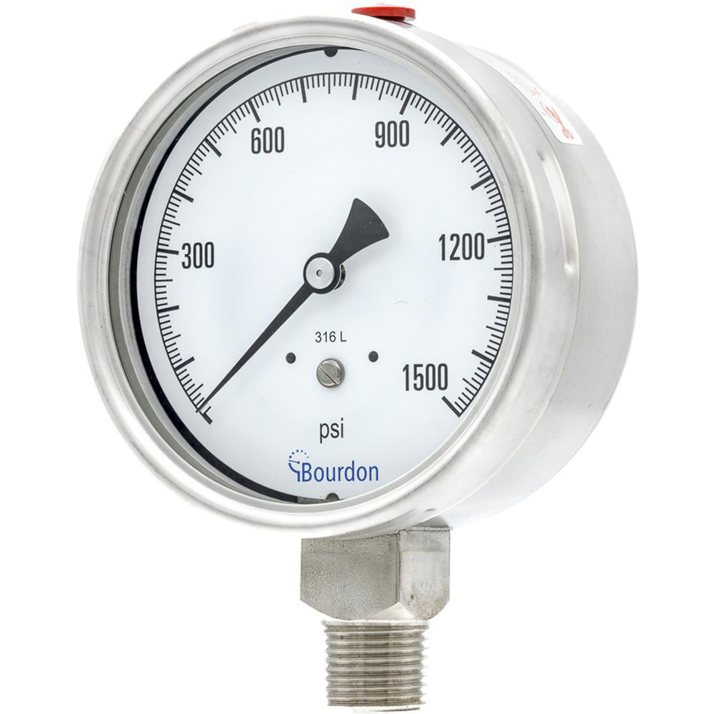 Bourdon - Pressure Gauge: 4" Dial Dia, 0 to 1,500 psi, 1/2" NPT, Lower ...