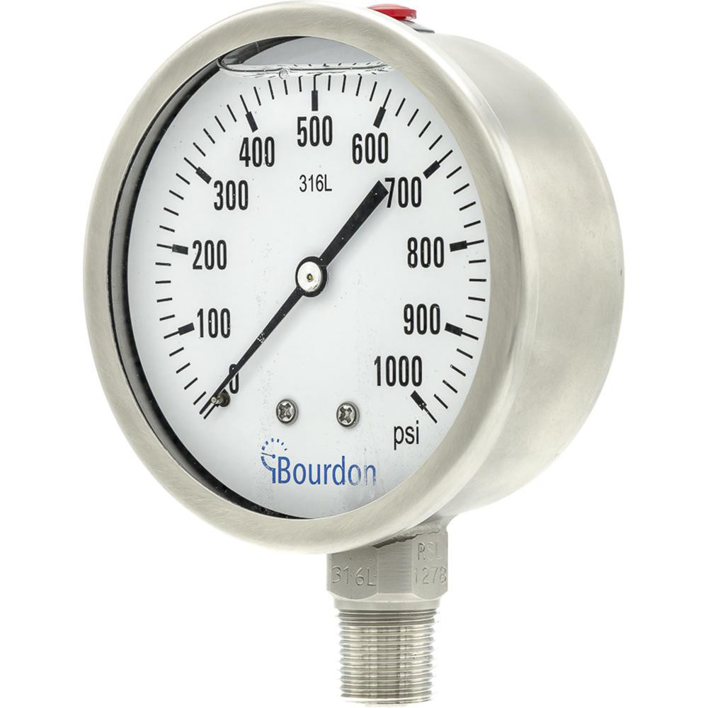 Bourdon - Pressure Gauge: 4" Dial Dia, 0 to 1,000 psi, 1/2" NPT, Lower Mount | MSC Direct