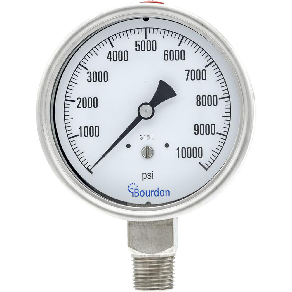 Bourdon - Pressure Gauge: 4" Dial Dia, 0 to 10,000 psi, 1/2" NPT, Lower ...