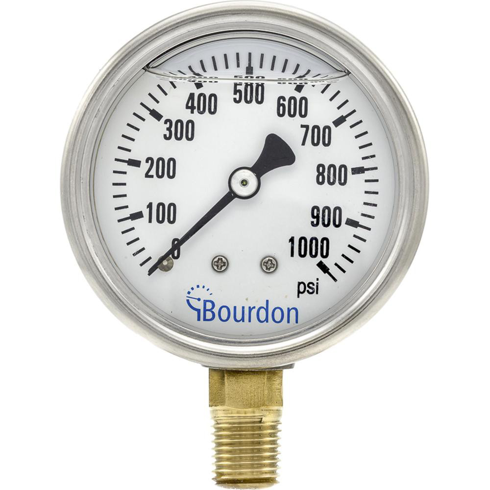 Bourdon - Pressure Gauge: 2-1/2" Dial Dia, 0 to 1,000 psi, 1/4" NPT ...