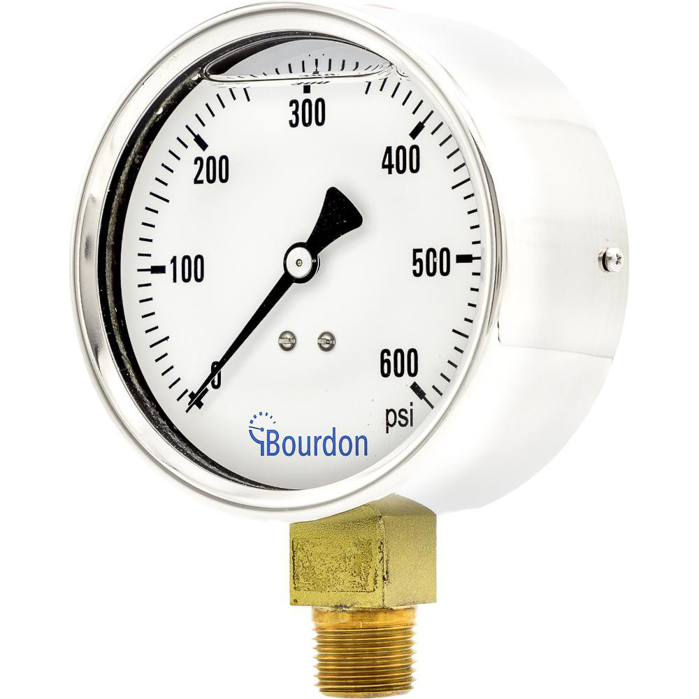 Bourdon - Pressure Gauge: 4" Dial Dia, 0 to 600 psi, 1/2" NPT, Lower ...