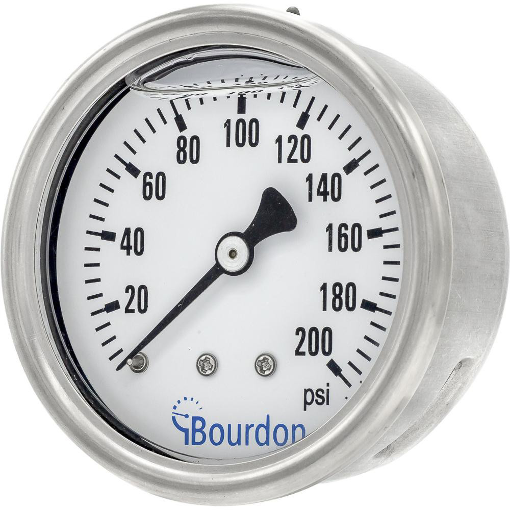 Bourdon - Pressure Gauge: 2-1/2" Dial Dia, 0 to 200 psi, 1/4" NPT, Center Back Mount | MSC Direct