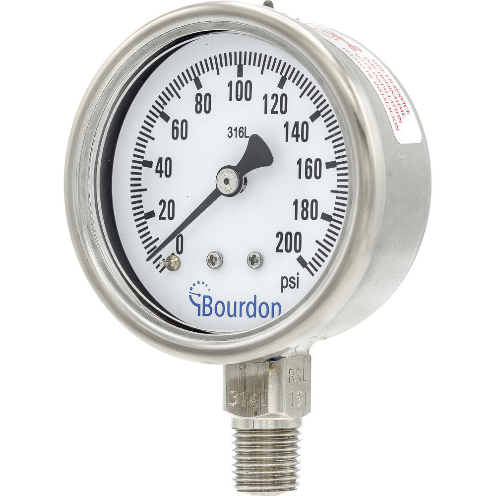 Bourdon - Pressure Gauge: 2-1/2" Dial Dia, 0 to 200 psi, 1/4" NPT, Lower Mount | MSC Direct