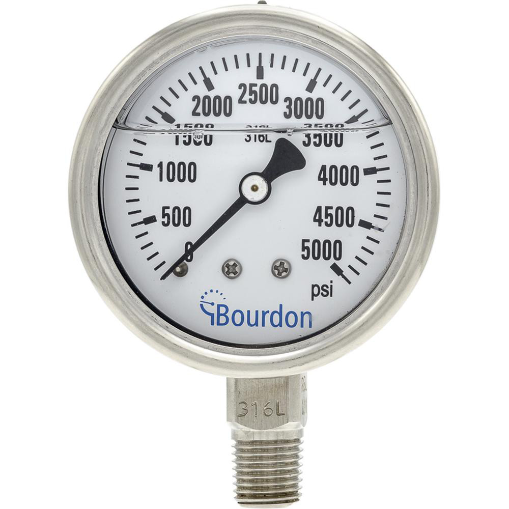 Bourdon - Pressure Gauge: 2-1/2" Dial Dia, 0 to 5,000 psi, 1/4" NPT, Lower Mount | MSC Direct
