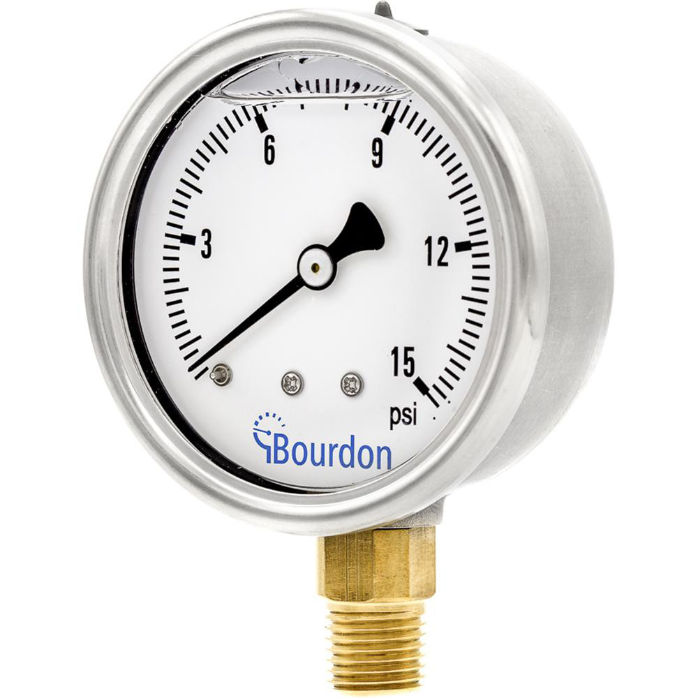 Bourdon - Pressure Gauge: 2-1/2" Dial Dia, 0 to 15 psi, 1/4" NPT, Lower ...