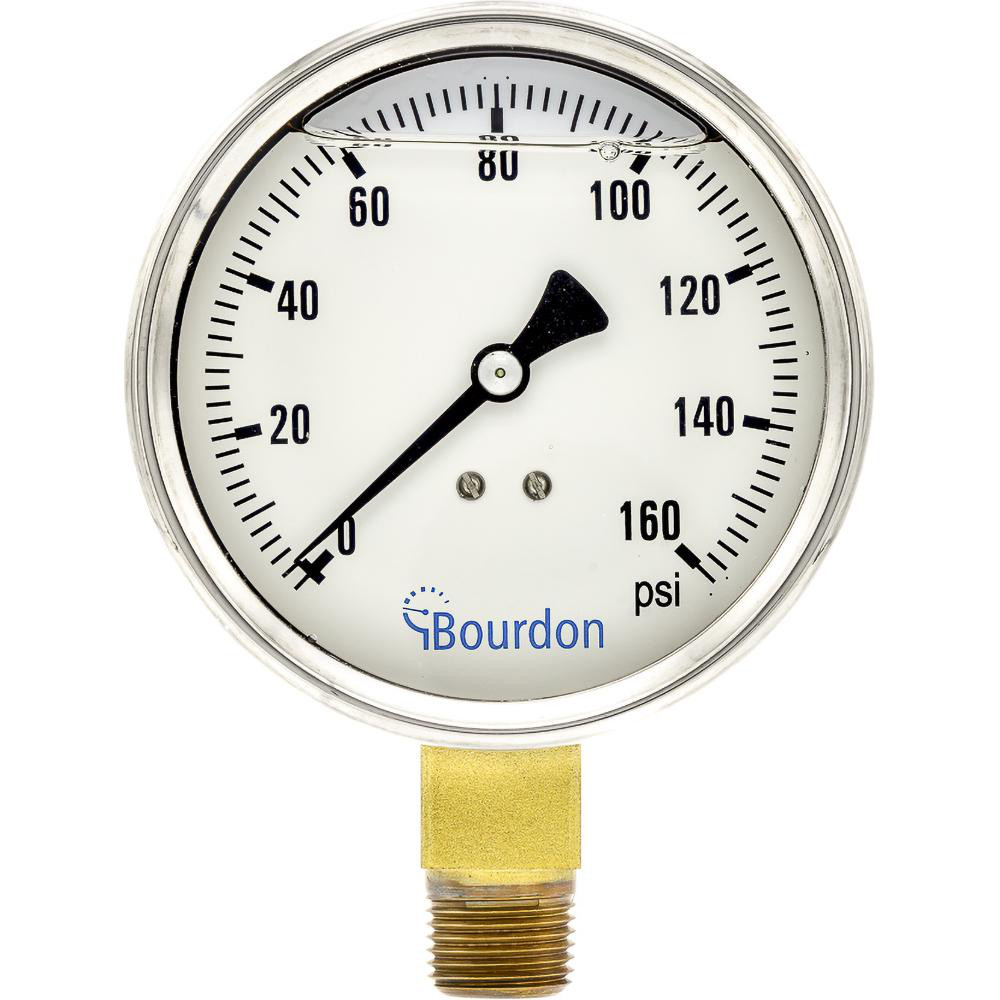 Bourdon - Pressure Gauge: 4" Dial Dia, 0 to 160 psi, 1/2" NPT, Lower ...
