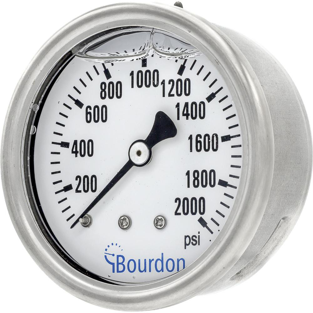 Bourdon - Pressure Gauge: 2-1/2" Dial Dia, 0 to 2,000 psi, 1/4" NPT, Center Back Mount | MSC Direct