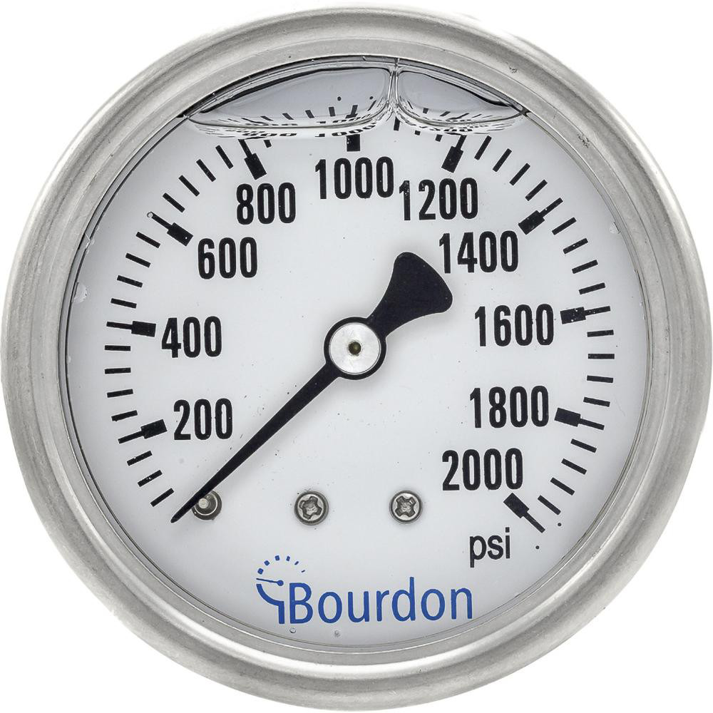 Bourdon - Pressure Gauge: 2-1/2" Dial Dia, 0 to 2,000 psi, 1/4" NPT, Center Back Mount | MSC Direct