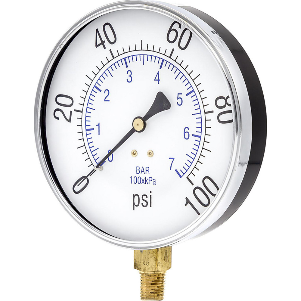 PIC Gauges - Pressure Gauge: 4-1/2" Dial Dia, 0 to 100 psi, 1/4" MNPT, Lower Mount | MSC Direct