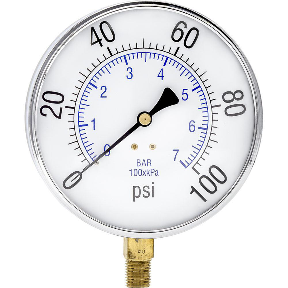 PIC Gauges - Pressure Gauge: 4-1/2" Dial Dia, 0 to 100 psi, 1/4" MNPT, Lower Mount | MSC Direct