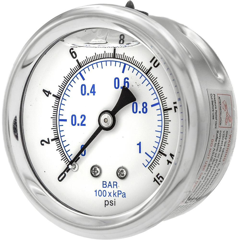 PIC Gauges - Pressure Gauge: 2-1/2" Dial Dia, 0 to 15 psi, 1/4" MNPT, Center Back Mount | MSC Direct