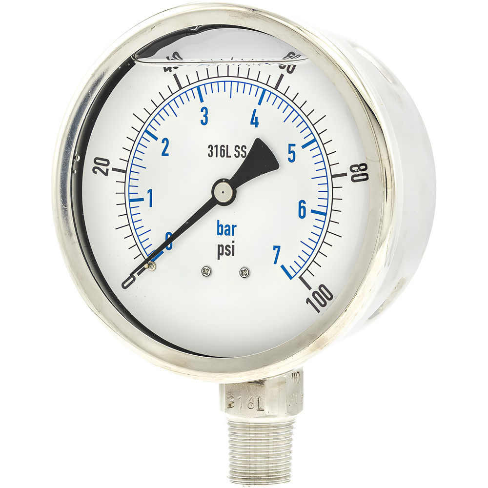PIC Gauges - Pressure Gauge: 4" Dial Dia, 0 to 100 psi, 1/2" NPT, Lower Mount | MSC Direct