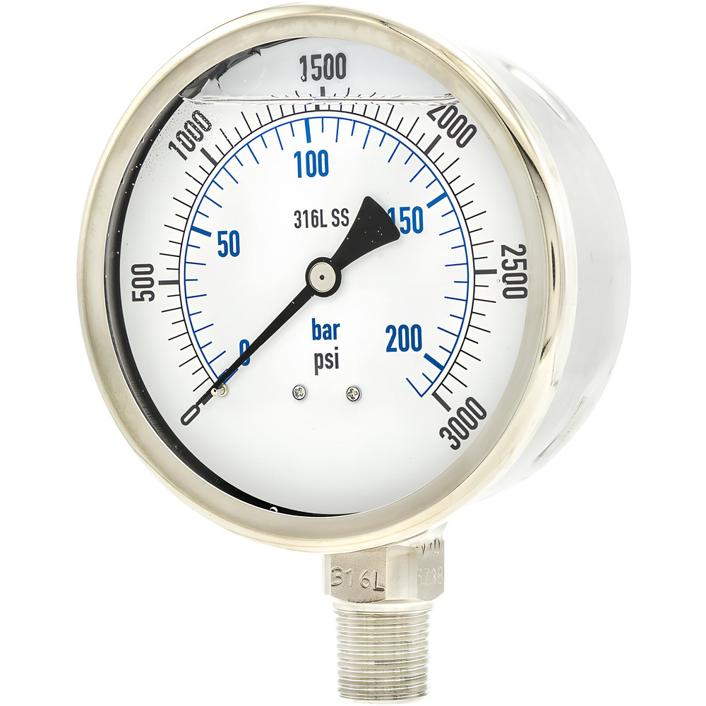 PIC Gauges - Pressure Gauge: 4" Dial Dia, 0 to 3,000 psi, 1/2" NPT, Lower Mount | MSC Direct