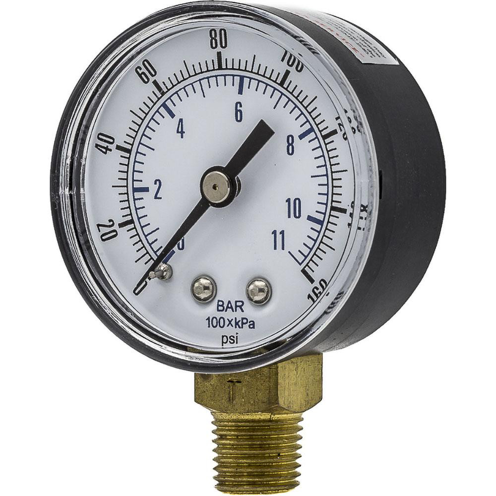 PIC Gauges - Pressure Gauge: 2" Dial Dia, 0 to 160 psi, 1/4" BSPT, Lower Mount | MSC Direct