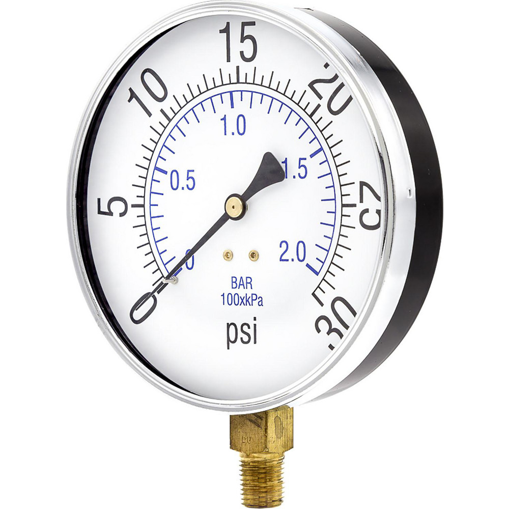 PIC Gauges - Pressure Gauge: 4-1/2" Dial Dia, 0 to 30 psi, 1/4" MNPT, Lower Mount | MSC Direct