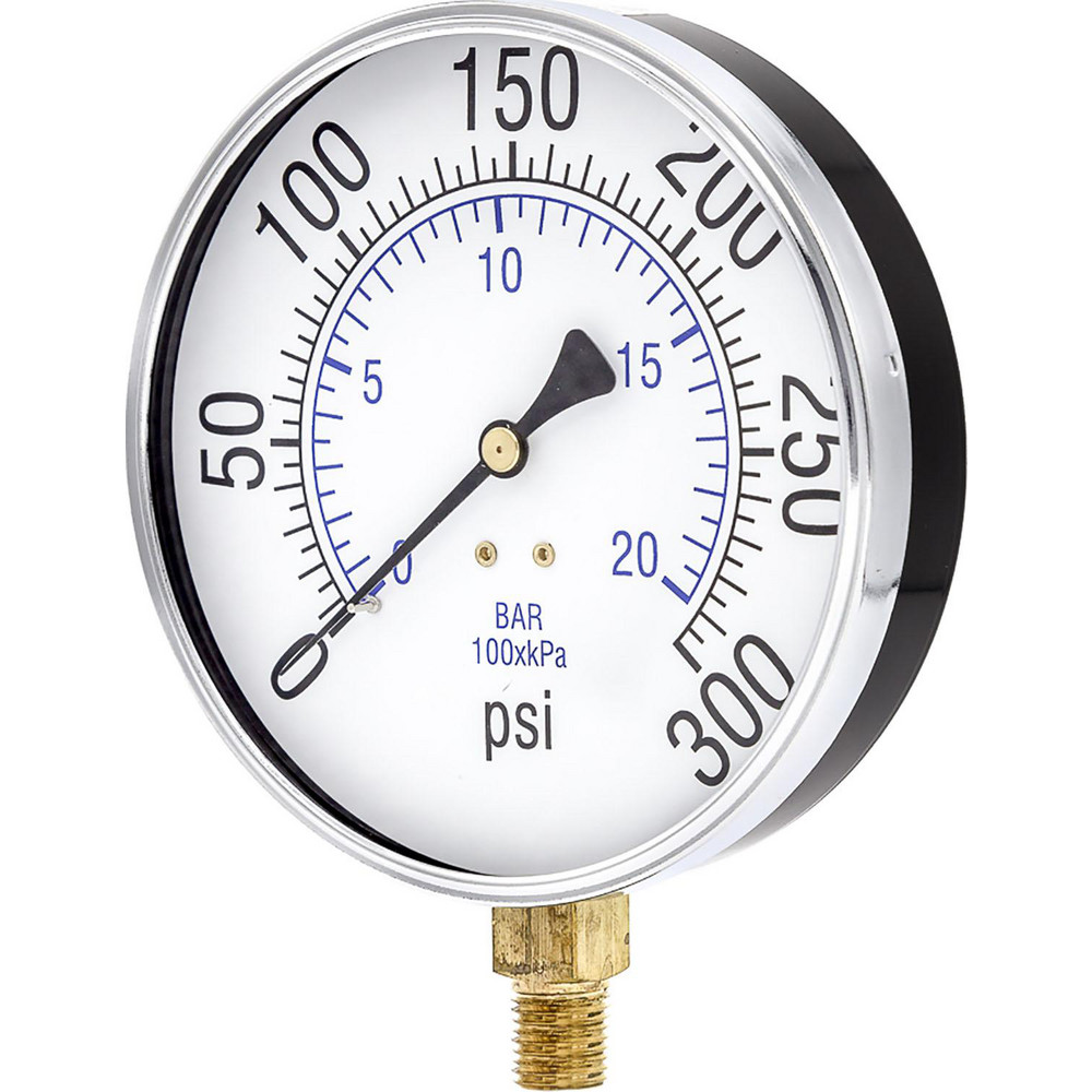 PIC Gauges - Pressure Gauge: 4-1/2" Dial Dia, 0 to 300 psi, 1/4" MNPT, Lower Mount | MSC Direct